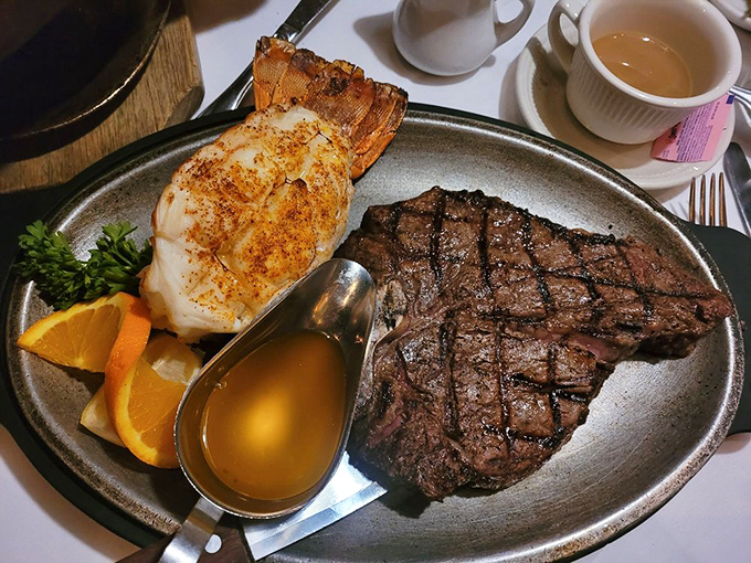 Surf meets turf in the most delicious diplomatic summit imaginable. That steak and lobster tail have more chemistry than most Hollywood couples.