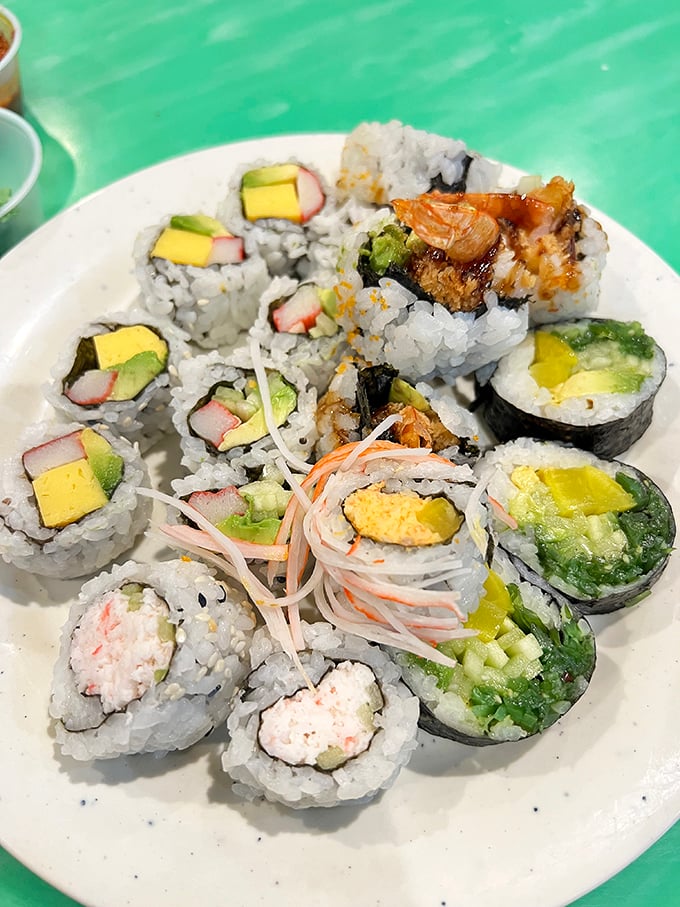 The sushi selection: colorful, artistic, and plentiful. Like an edible art gallery where you're encouraged to consume the exhibits.
