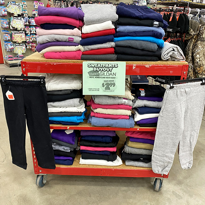 The sweatpants display &ndash; where comfort meets affordability in a glorious union that screams "weekend warrior uniform."