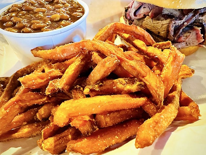 Sweet potato fries that achieve the impossible balance &ndash; crispy exterior, pillowy interior &ndash; with baked beans doing a supporting role worthy of an Oscar.