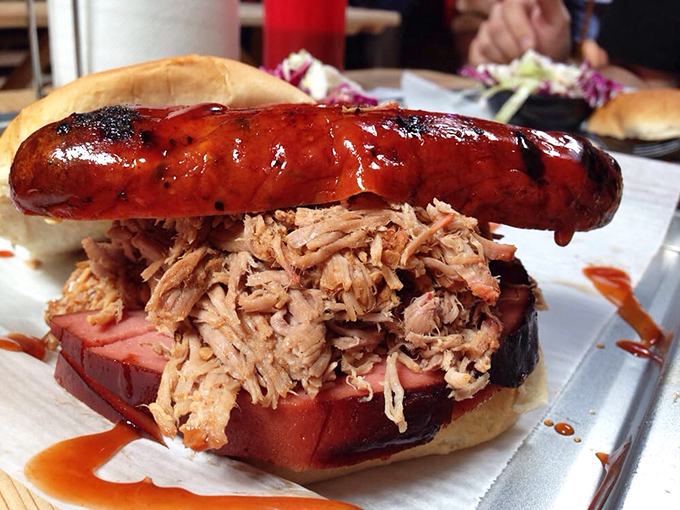 The Frankenstein sandwich defies polite eating &ndash; a glorious monster of sausage, pulled pork and bologna that requires both hands and zero shame.