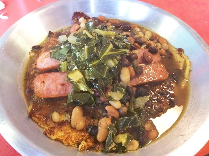 The Starbuck isn't fighting Cylons but fighting boring lunches with Polish sausage, beans, and greens on a cornbread foundation that's battlestar delicious.