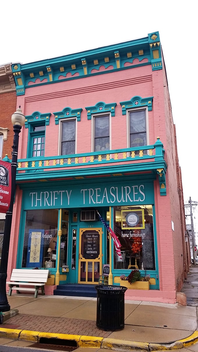 Thrifty Treasures pops with personality in pink and turquoise&mdash;proof that Wapakoneta's historic buildings aren't just preserved, they're celebrated with color!