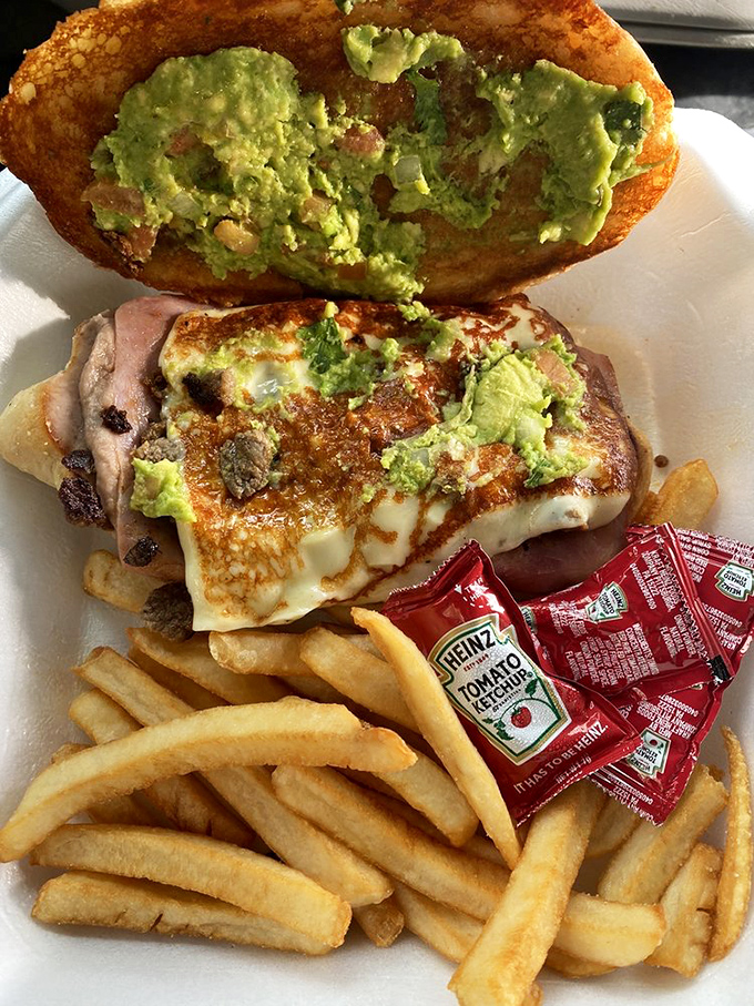 This sandwich-meets-burger-meets-Mexican-masterpiece proves that avocado and fries can coexist beautifully on the same plate, like tasty roommates.