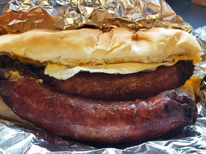 The sandwich that launched a thousand road trips. Two sausages nestled in a roll, wrapped in foil like the precious gift it is.