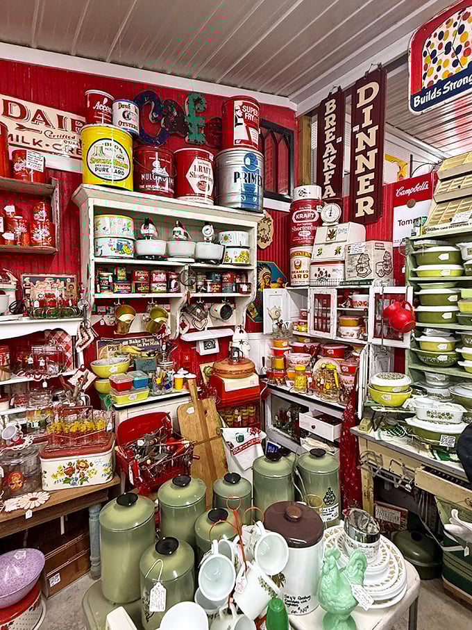 This red-walled kitchen corner is like stepping into a 1950s time capsule&mdash;complete with "Breakfast Diner" sign and enough vintage Pyrex to make collectors weep with joy.
