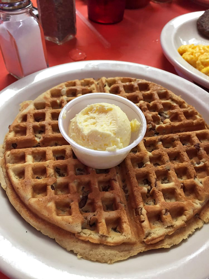 Waffle perfection defined: golden squares creating perfect butter reservoirs that would make any engineer proud. Breakfast infrastructure at its finest.