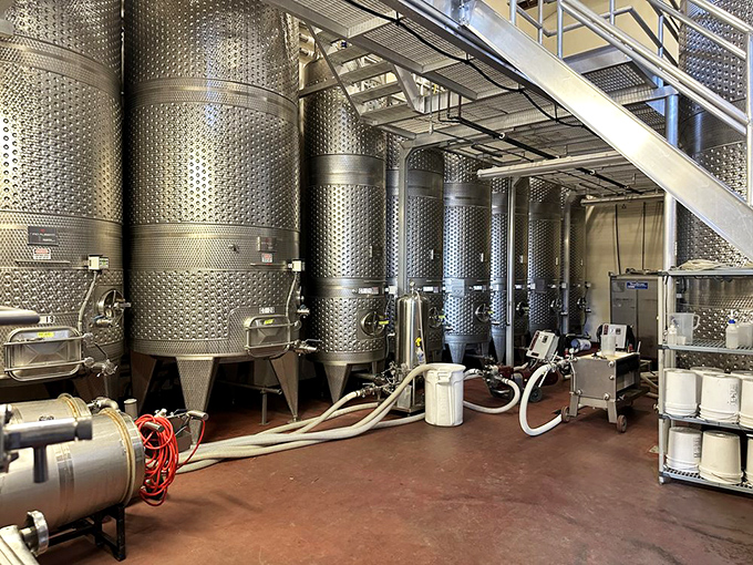 Modern winemaking meets medieval aesthetics in these stainless steel fermentation tanks. Even King Arthur would approve of this technological upgrade.