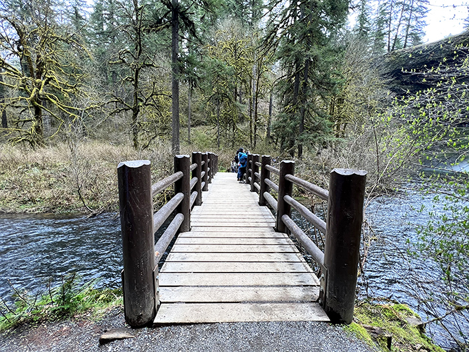 This rustic bridge feels like crossing into a storybook forest. Half expect to find woodland creatures collecting tolls on the other side.