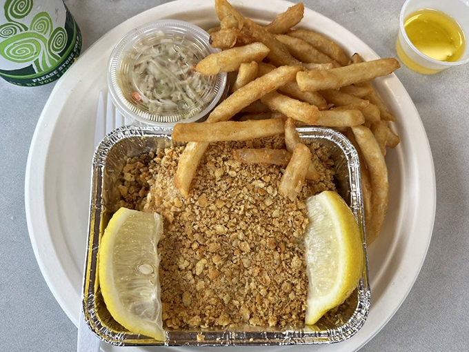 Golden-crusted perfection that makes you wonder why anyone would ever bread fish any other way. The fries are just the supporting actors here.