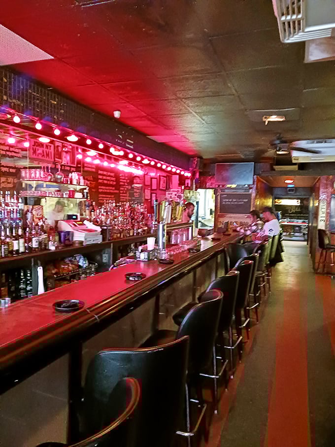 The bar counter has witnessed more confessions, celebrations, and commiserations than most therapists' couches, all under that signature red glow that forgives all fashion choices.