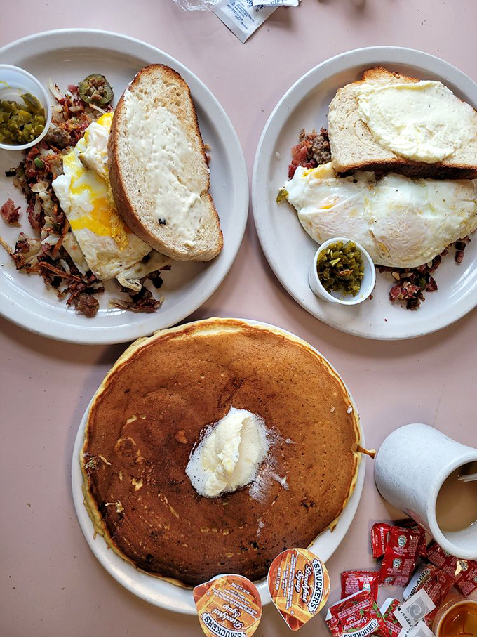 When your breakfast plate requires strategic planning to tackle, you know you're in the right place. Eggs, hash browns, and pancakes: the holy trinity.