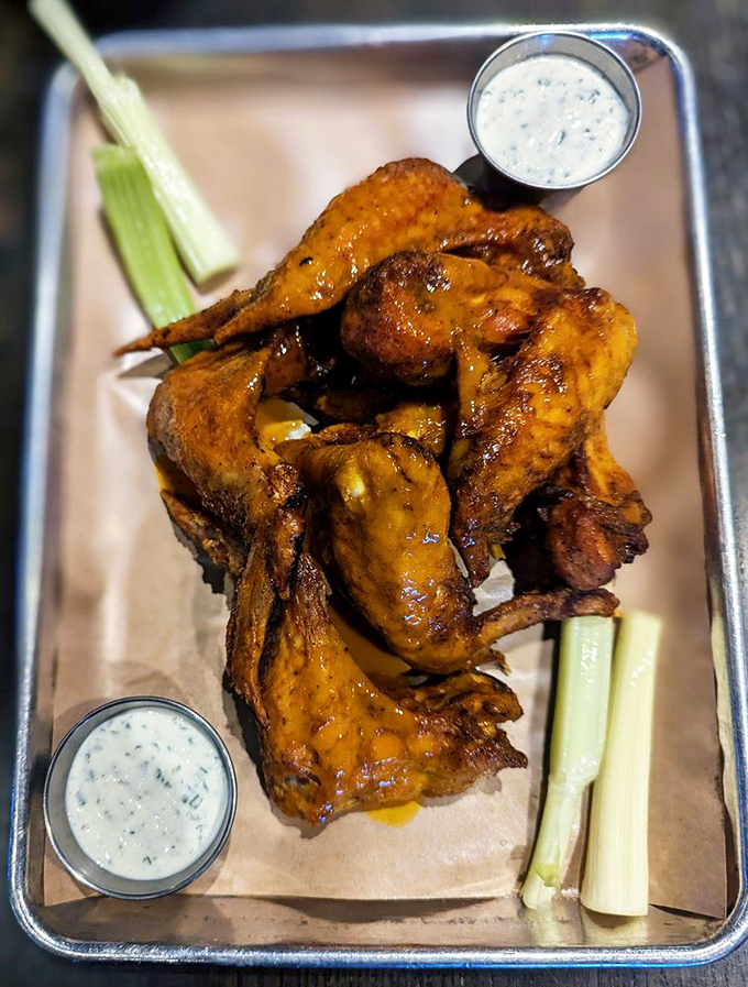 Buffalo wings that don't need a sporting event as an excuse. The blue cheese dip is just showing off at this point.