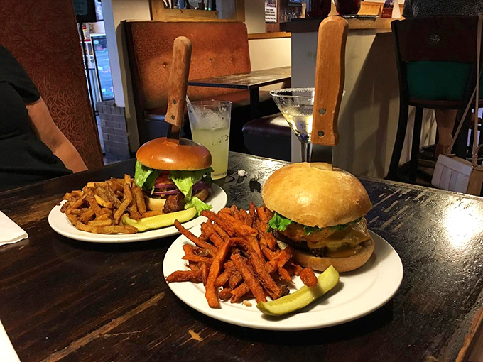 A table for two becomes a feast for four with these towering burger creations and their sweet potato sidekicks.