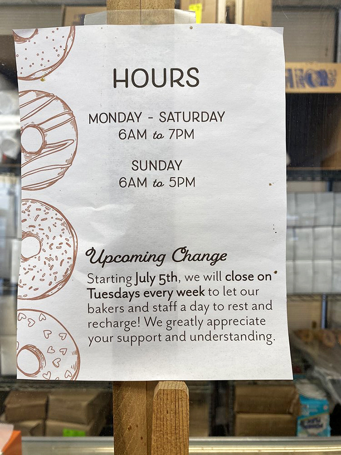 Hours posted like a gentle reminder that even donut artisans need rest. The Tuesday closure feels like sacred wisdom.