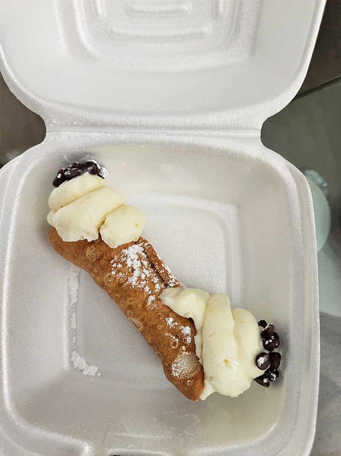 Not just dessert, but edible architecture—a crispy cannoli shell elevated with cream, powdered sugar, and chocolate chips. Sweet structural engineering.