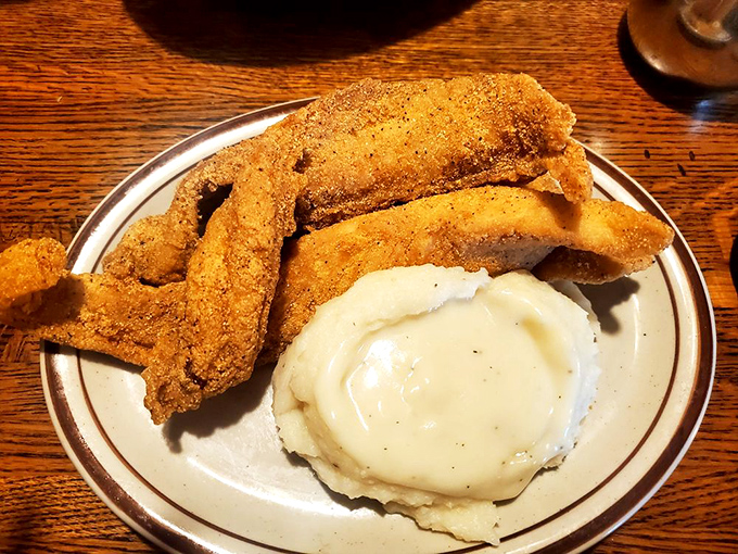Cornmeal-crusted catfish fillets lounging beside a cloud of mashed potatoes. A plate that says "Kansas knows seafood" with surprising authority.