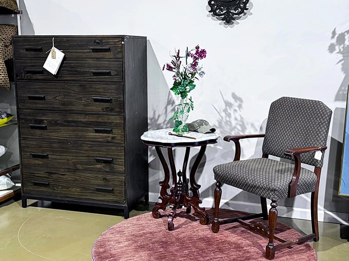 This vintage-meets-modern corner vignette whispers tales of elegant afternoons and thoughtful conversations&mdash;all at a fraction of retail therapy prices.