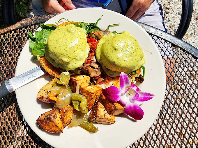 These eggs Benedict aren't just topped with hollandaise—they're wearing a velvet cloak of it, with potatoes that have achieved crispy-outside, tender-inside perfection.