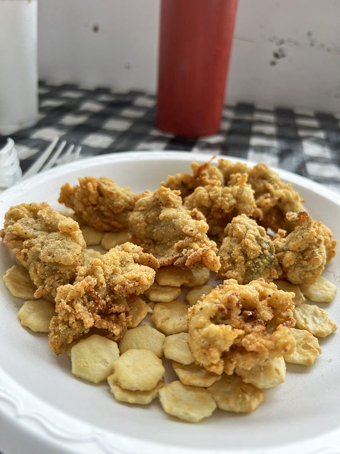 These fried oysters aren't just food&mdash;they're an experience. Crispy, briny perfection atop a bed of crackers.