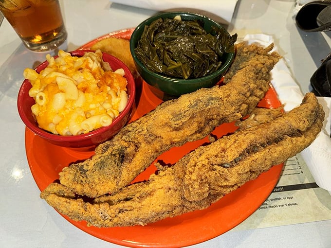 This catfish has more perfect crispy edges than my grandmother's photo album, complemented by sides that refuse to be overshadowed.