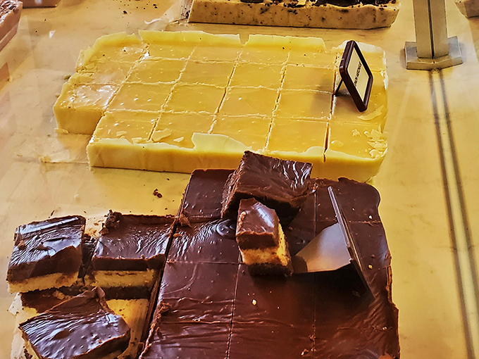 Fudge squares lined up like delicious dominoes. One taste and you'll understand why people drive hundreds of miles for these treats.