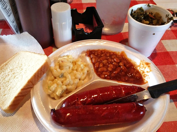 Hot links and mac salad&mdash;a romance for the ages. That snap when you bite in is the sound of happiness in sausage form.