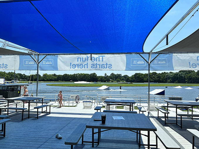 Between aquatic adventures, visitors recharge under shaded picnic tables&mdash;the perfect vantage point for watching others test their water legs.