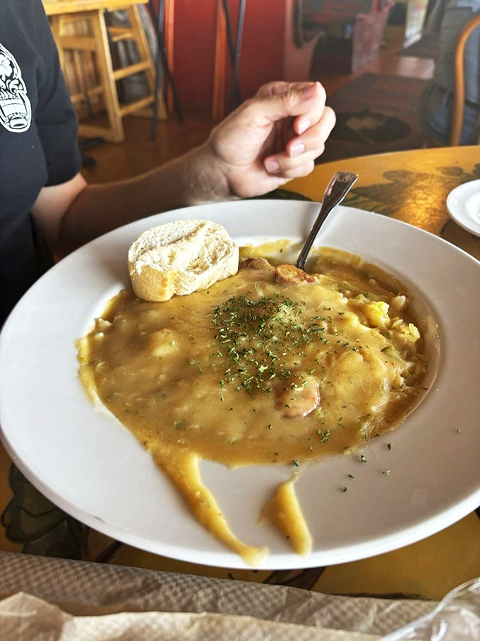 This hearty bowl of what appears to be seafood chowder isn't just soup&mdash;it's a warm hug for your taste buds on a chilly Ohio day.