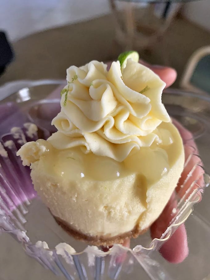 Key lime cheesecake with that perfect swirl of cream&mdash;Florida sunshine translated into dessert language that everyone understands.