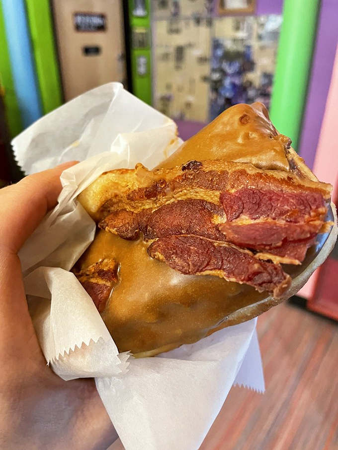 The legendary Bacon Maple Bar in its natural habitat. When breakfast foods collide in perfect harmony, angels sing and diets temporarily disappear.
