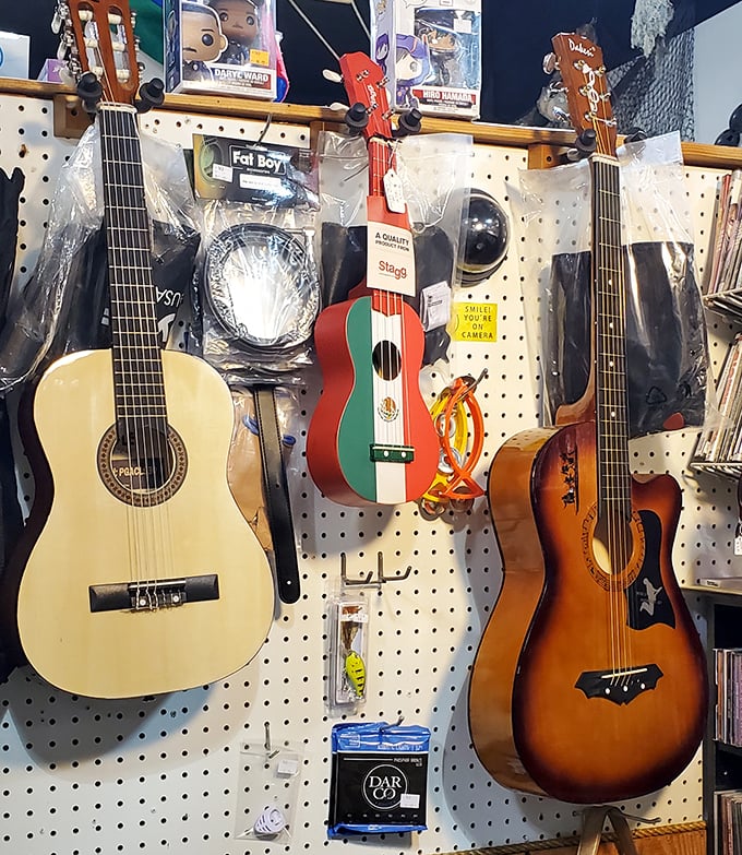 Strings attached, no regrets. From classical to Mexican flag-adorned, these guitars wait patiently for their next serenade.
