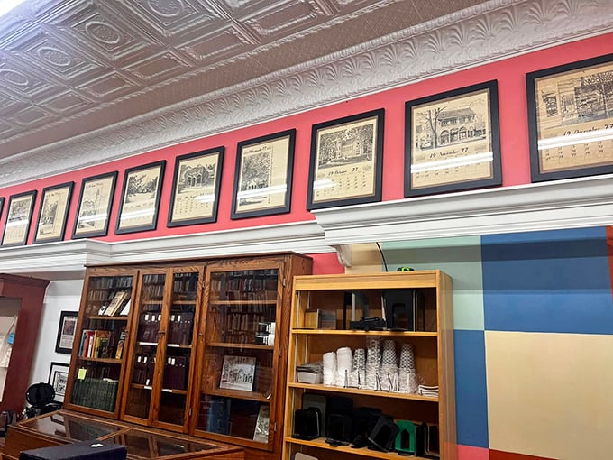 The decorated tin ceiling and vintage photo gallery speak of a bygone era. History lives both in the books and the building itself.