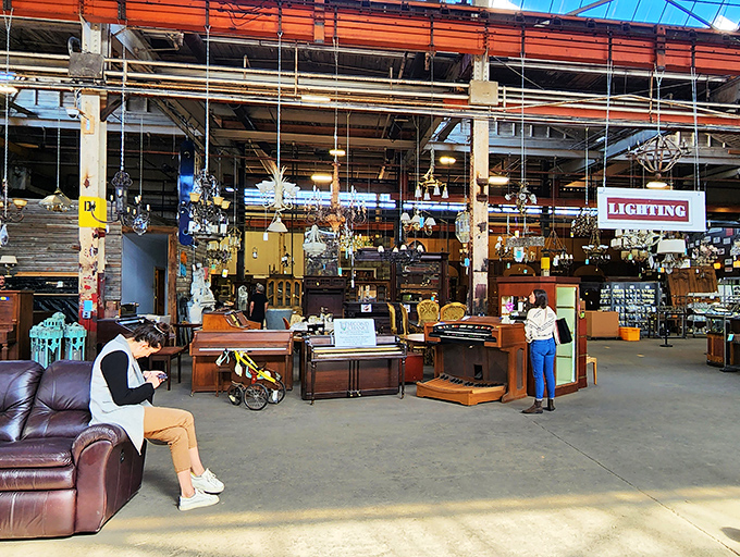 The lighting section dangles with possibility, where chandeliers that once illuminated grand ballrooms now wait to class up your dining room.