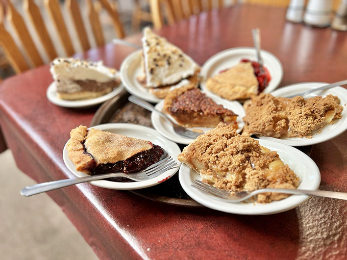 A United Nations of pie varieties, where cherry, apple, and cream flavors peacefully coexist. Diplomacy never tasted so sweet.