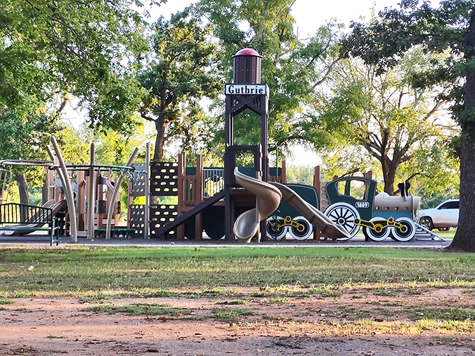 When the kids need a break from "don't touch that" antique shopping, this train-themed playground delivers childhood joy without the price tag.