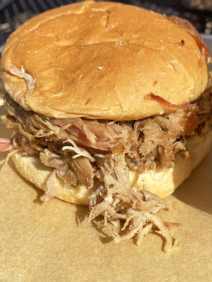 A pulled pork sandwich that's practically bursting at the seams—like your favorite uncle's stories after his third beer at Thanksgiving.