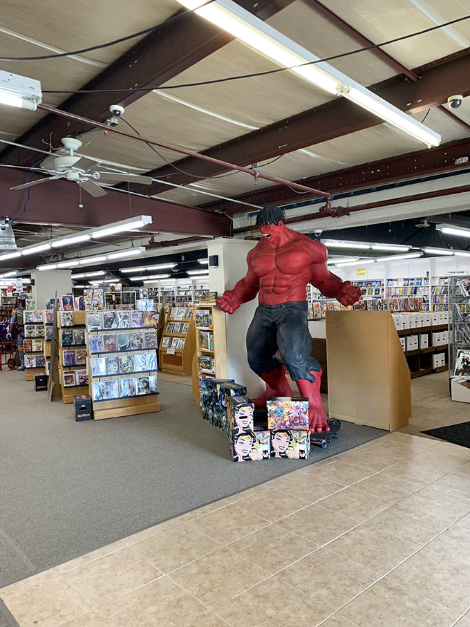 The Red Hulk stands guard over the comic section, a not-so-subtle reminder that superheroes have found sanctuary here too.