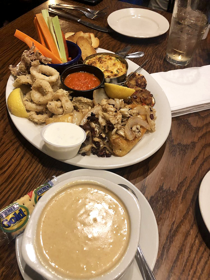 A seafood sampler that makes decision-phobia a virtue. Why choose one perfect seafood when you can have the United Nations of fried goodness?