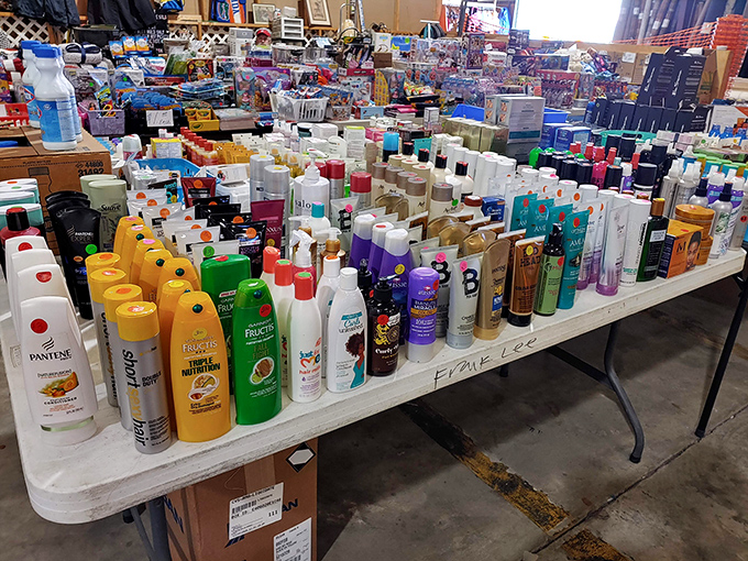 The toiletry table: where brand-name shampoos and soaps go to find their second chance at making someone feel squeaky clean.