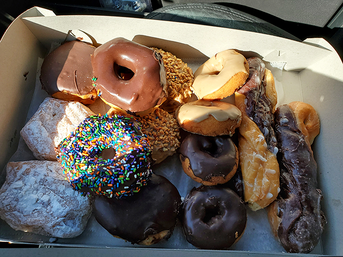 A box of edible joy where sprinkles, chocolate, and powdered sugar create a democracy of deliciousness for all taste preferences.