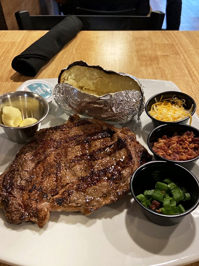 The loaded baked potato might steal the spotlight if it weren't competing with that magnificent steak&mdash;a supporting actor worthy of its own standing ovation.