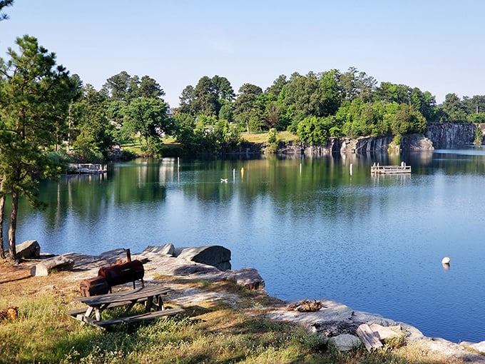 Lakeside serenity at its finest. This peaceful spot invites contemplation&mdash;or plotting your strategy for conquering that inflatable climbing wall you fell off three times already.