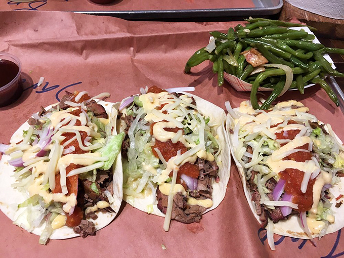 Tacos that bridge cultures &ndash; Missouri meets Mexico in a hand-held masterpiece. Green beans on the side for when your conscience calls.
