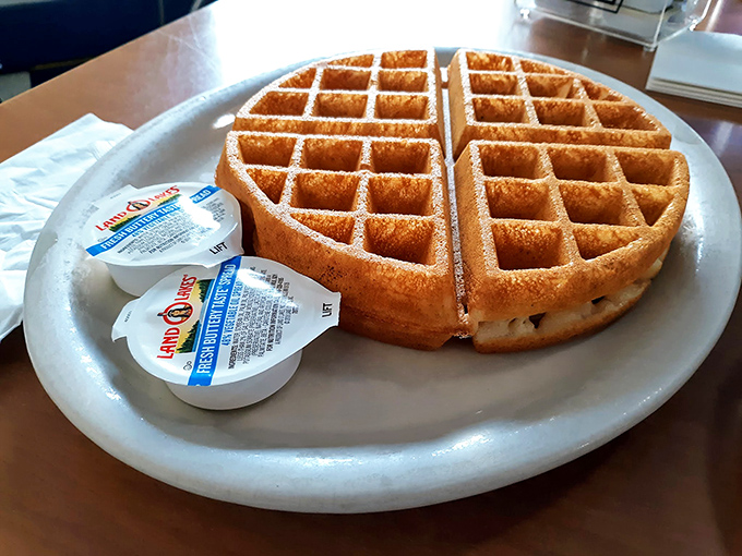 A waffle with perfect grid precision&mdash;each square a little pool of buttery, syrupy possibility. Breakfast geometry at its finest.