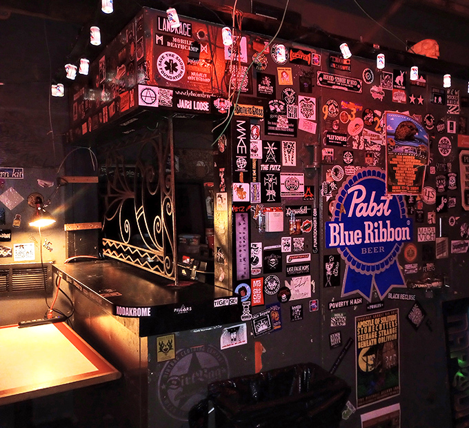 Every sticker tells a story&mdash;this corner of the bar has probably witnessed more musical epiphanies than American Bandstand.