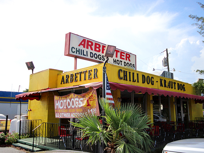 Arbetter's bold yellow building stands as Miami's temple to chili dogs &ndash; no Instagram filter required for this authentic gem.