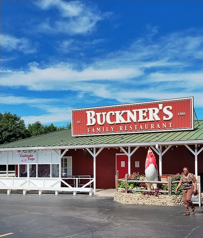 Buckner's barn-red exterior and giant rooster statue announce without subtlety: "Serious country cooking happens here, city slickers welcome."