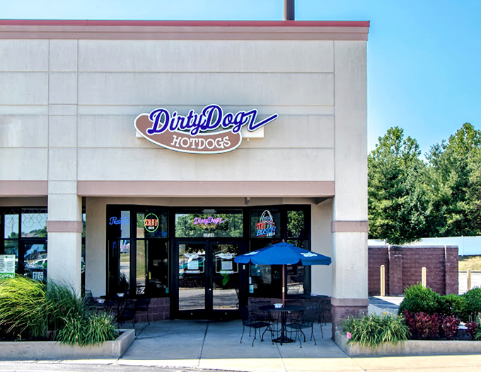 Clean lines and bold signage promise a decidedly dirty (and delicious) hot dog experience inside.