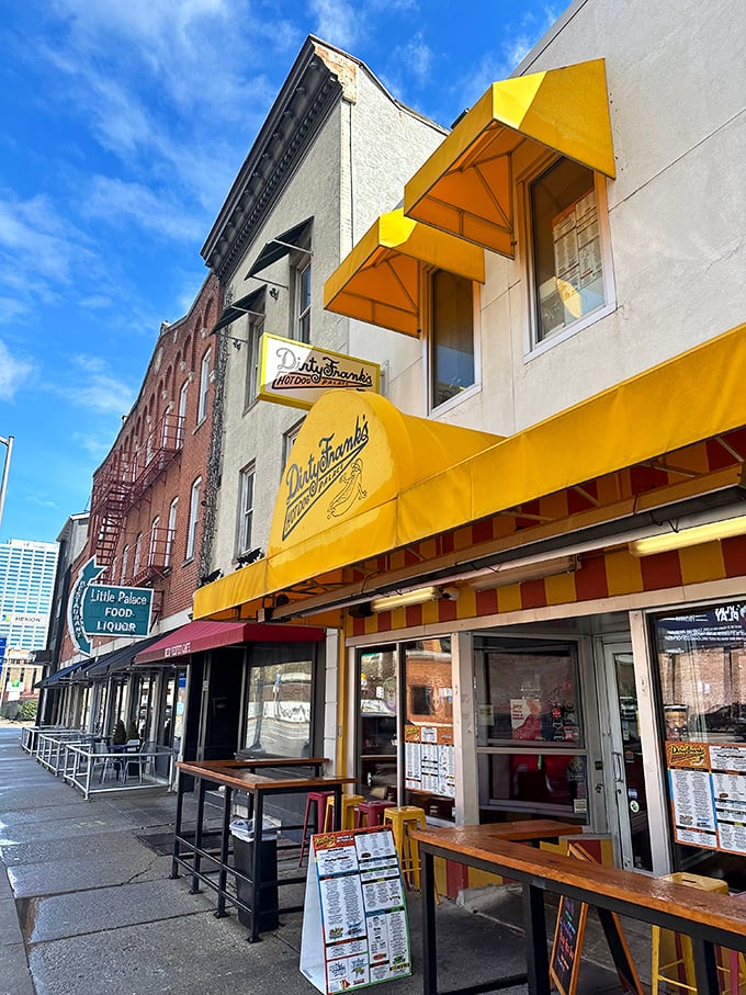 Dirty Frank's bright yellow awning stands out in Columbus like a hot dog wearing a tuxedo &ndash; unpretentious yet unmistakably special.